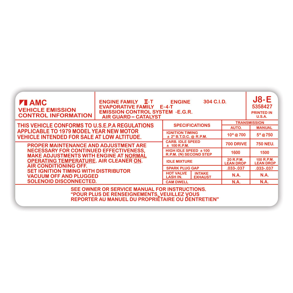 1979 CJ 304 Emissions Decal - Collins Bros Jeep