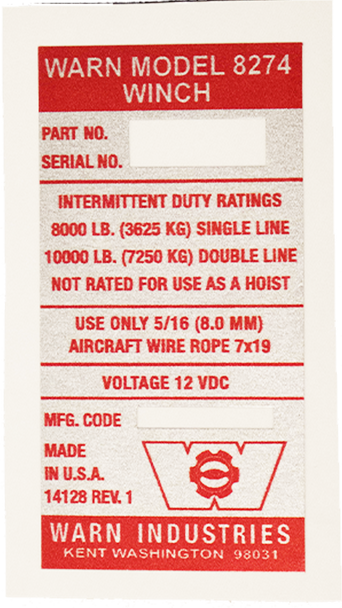 Warn 8274 Original Winch Decal (14128 REV. 1) - Collins Bros Jeep