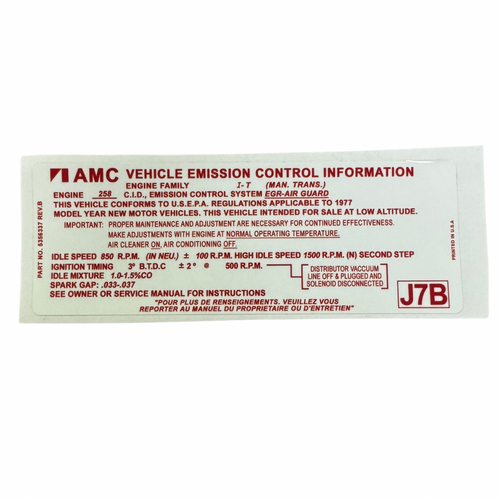 77 Jeep CJ Emission Decal 6cyl 258 & Manual Trans - Collins Bros Jeep