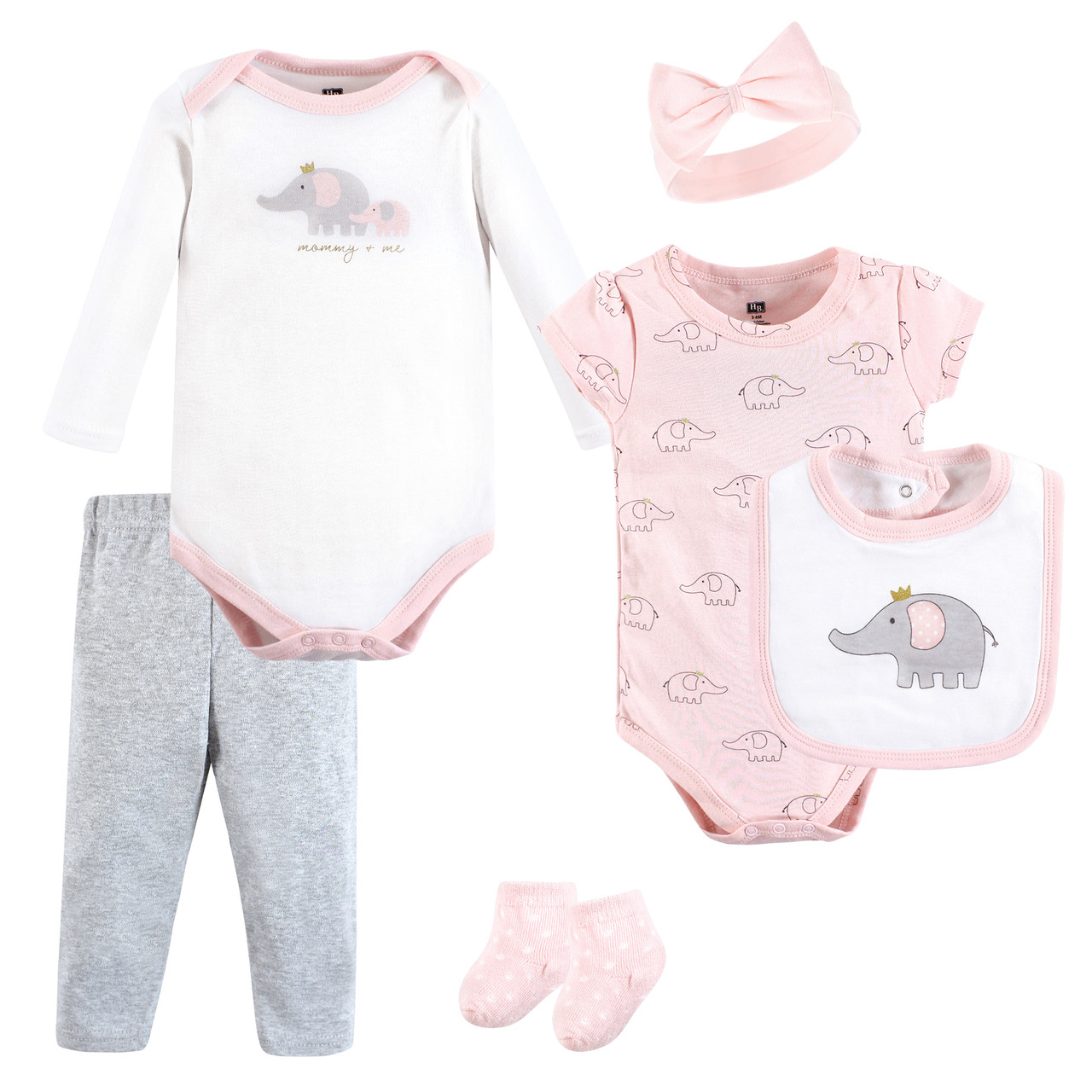 Hudson Baby Cotton Layette Set, Pink Gray Elephant - Hudson Childrenswear