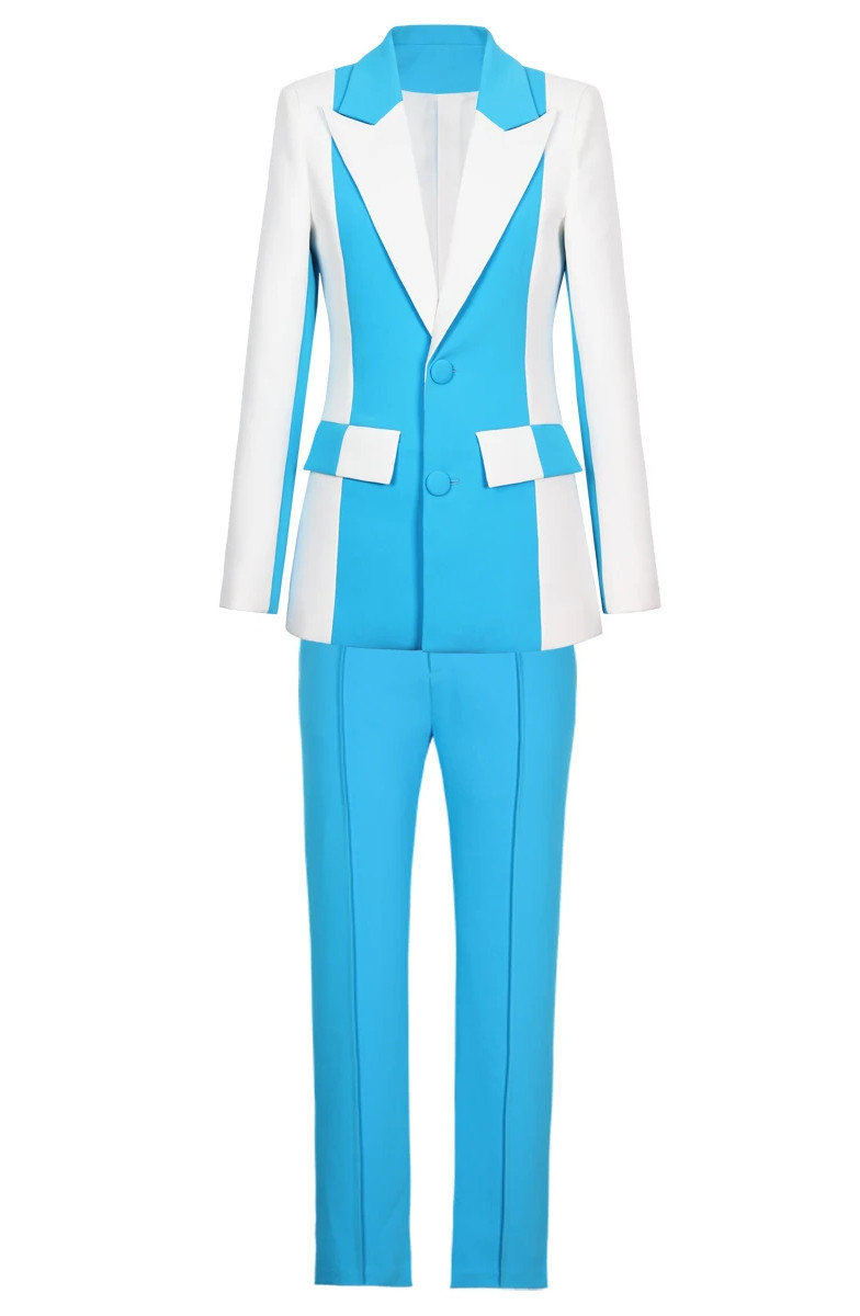 Long Sleeve Colorblock Suit Blue White - Luxe Suits and Luxe Party Dresses