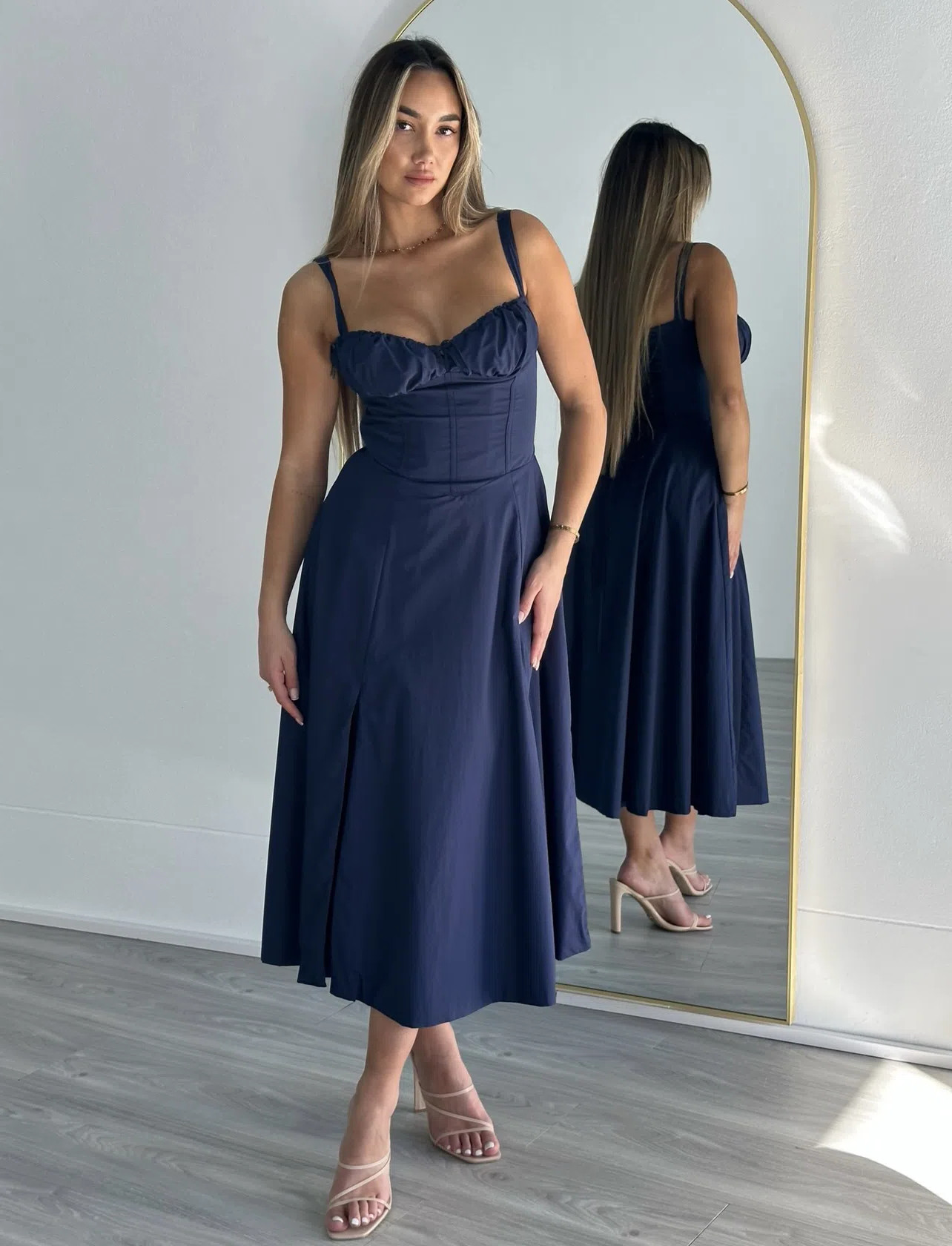 Floral Bustier Corset A Line Midi Dress Blue - Luxe Floral Dresses and ...