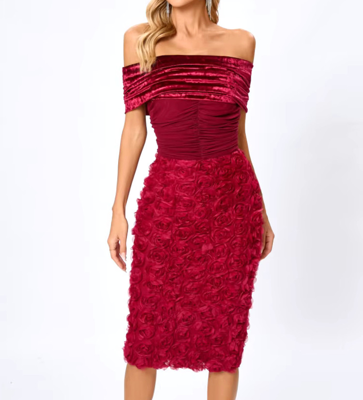 Draped Bardot Floral Midi Dress Red - Luxe Floral Dresses and Luxe ...