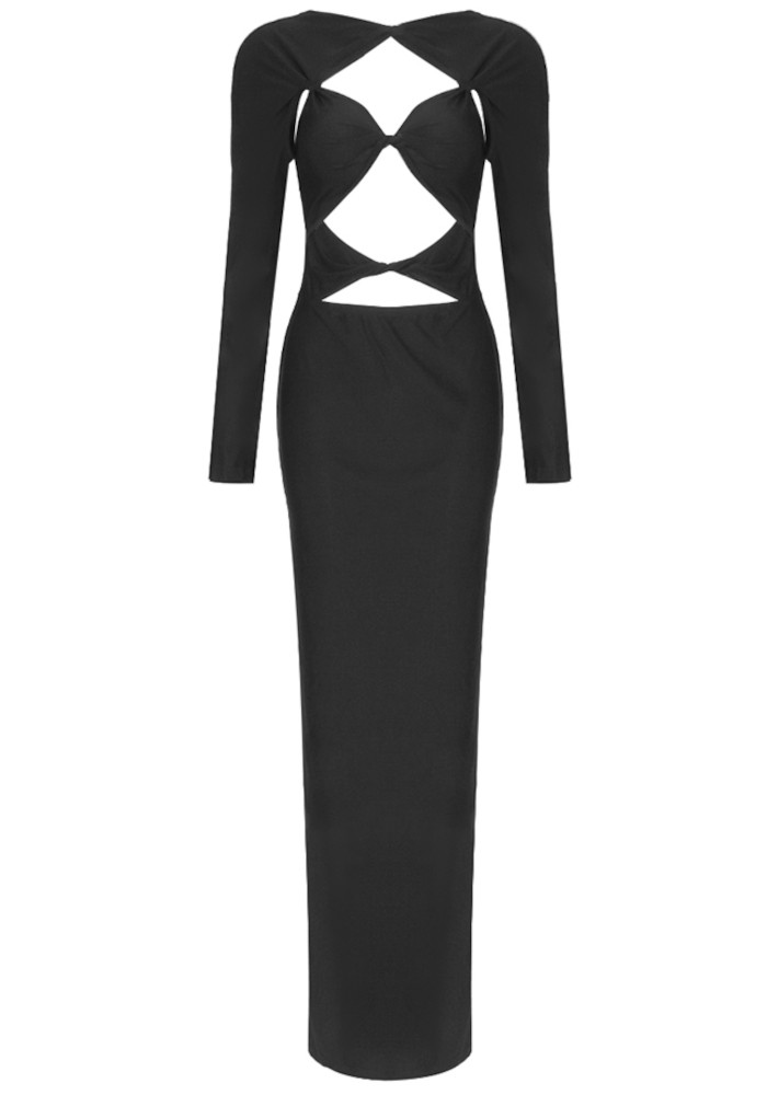 Long Sleeve Draped Cut Out Maxi Dress Black - Luxe Maxi Dresses and ...