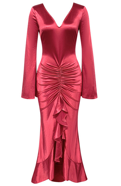 Long Sleeve Ruched Ruffle Maxi Dress Red - Luxe Maxi Dresses and Luxe ...