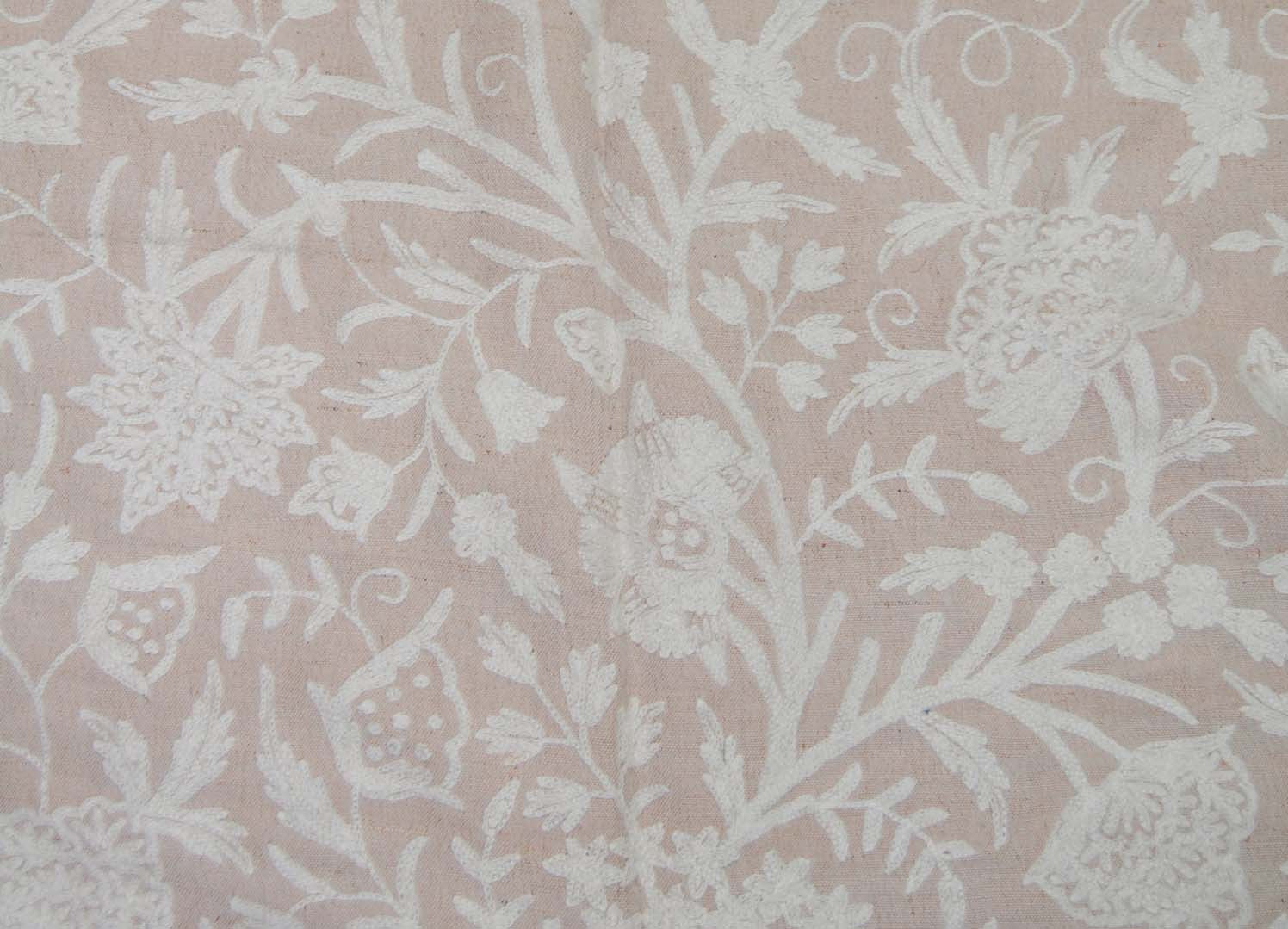 Jute Crewel Embroidered Fabric "Tree of Life", White on Beige #DDR901