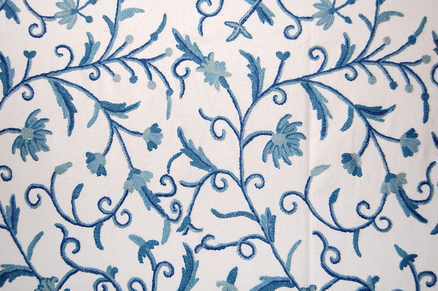 Cotton Crewel Embroidered Fabric Jacobean, Blue on White #TML011