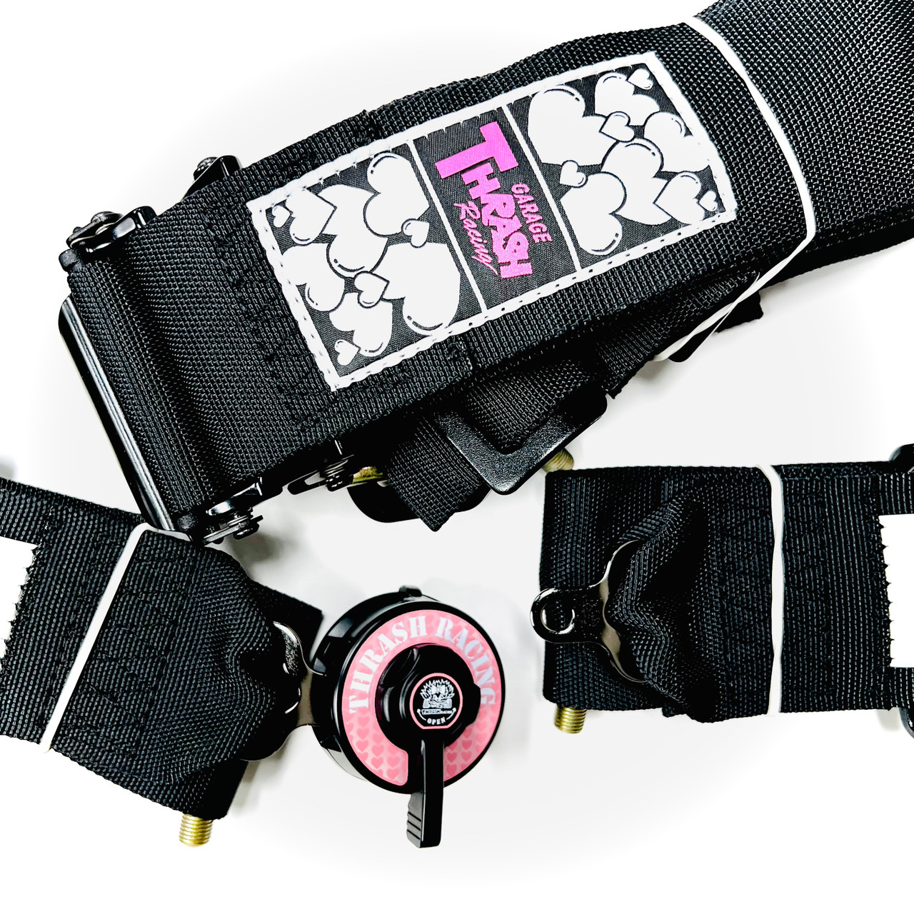 Thrash Racing FIA 4-Point Harness - Black w/ Hearts - Faction Motorsports