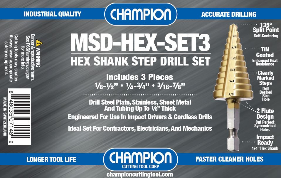 Champion Hex Shank TiN Multi-Step Drill Set w/QCD - MSD-HEX-SET| Penn ...