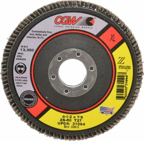 CGW Abrasives 4-1/2" 60 Grit 7/8" Center Hole Type 27 Zirconia Alumina ...