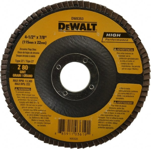 DeWALT 4-1/2" 80 Grit 7/8" Center Hole Type 27 Zirconia Alumina Flap ...