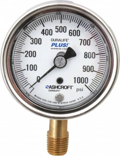 Ashcroft 2-1/2" Dial, 1/4 Thread, 0-1,000 Scale Range, Pressure Gauge ...