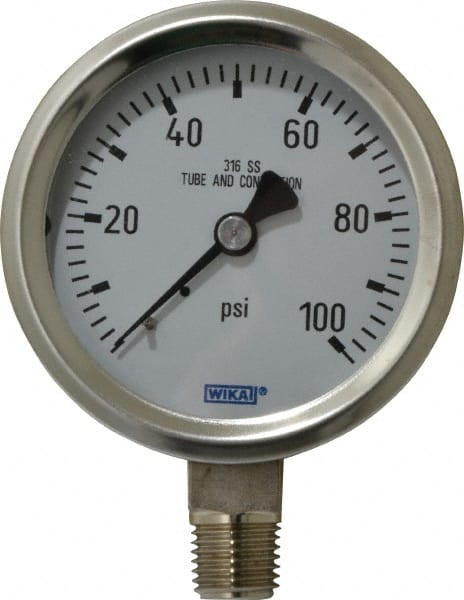 WIKA 2-1/2" Dial, 1/4 Thread, 0-100 Scale Range, Pressure Gauge Lower ...