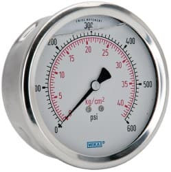 WIKA 4" Dial, 1/4 Thread, 0-600 Scale Range, Pressure Gauge Lower Back ...