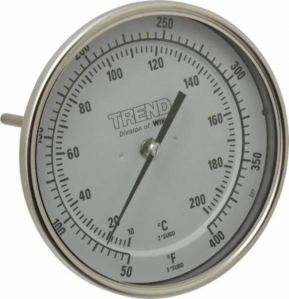 WIKA 6" Stem, 50 to 400° F Bi-Metal Thermometer Back Connected, 1% ...