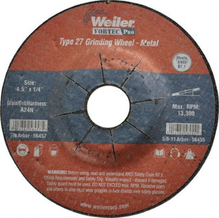 Weiler Abrasives 24 Grit, 4-1/2" Wheel Diam, 1/4" Wheel Thickness, 7/8 ...