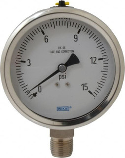 WIKA 4" Dial, 1/2 Thread, 0-15 Scale Range, Pressure Gauge Lower ...