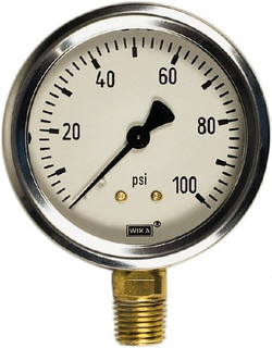 WIKA 4" Dial, 1/2 Thread, 0-15 Scale Range, Pressure Gauge Lower ...