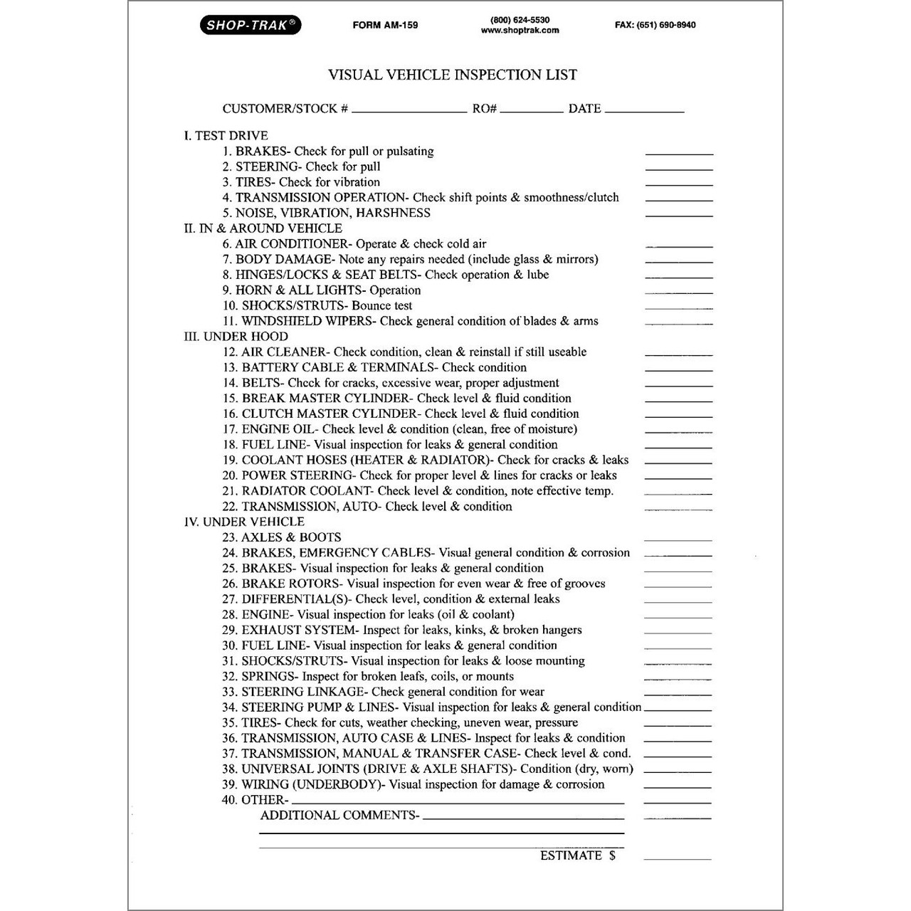 Vehicle Inspection Checklist, With Customer Copy