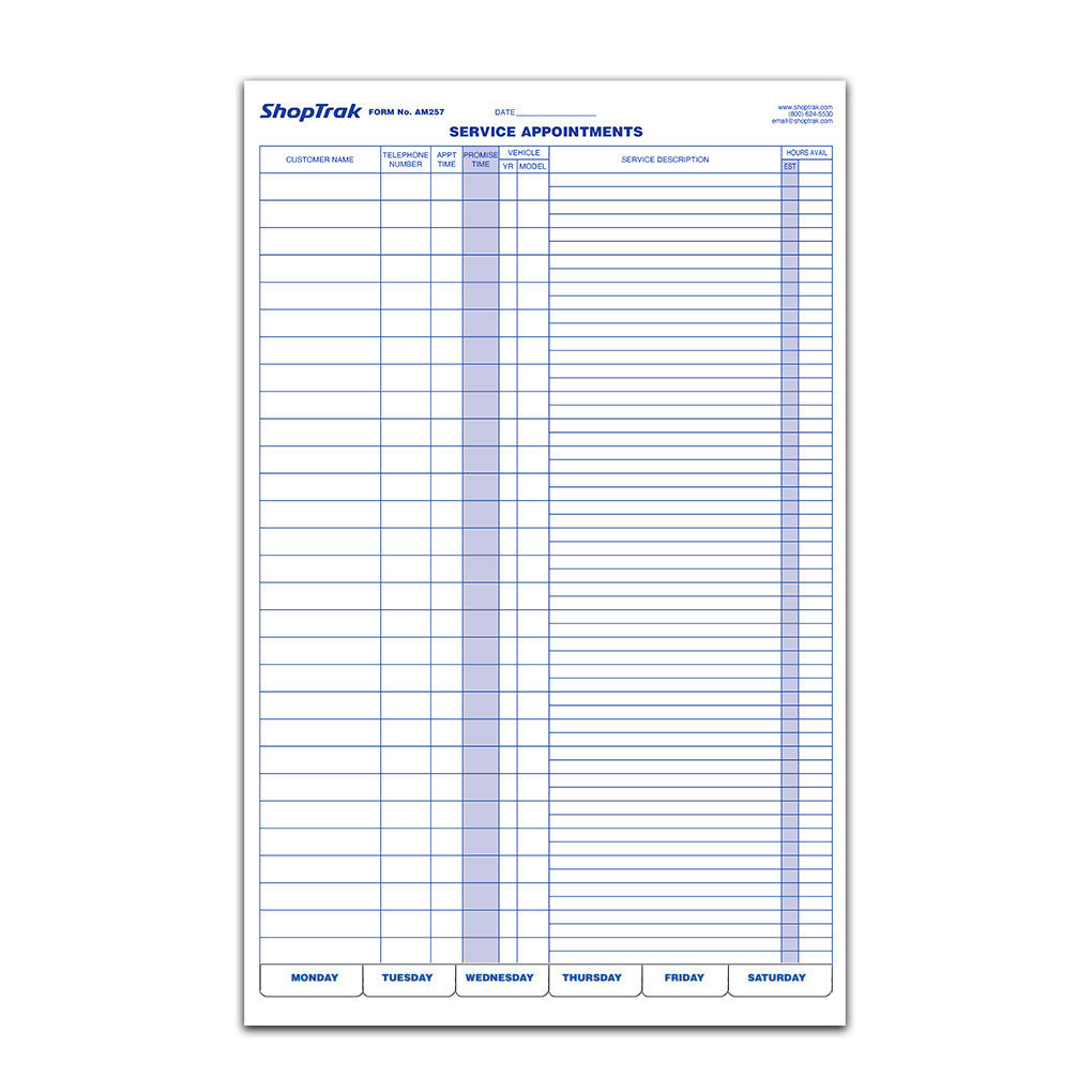 "Blue Tabs" Weekly Service Appointment Pad