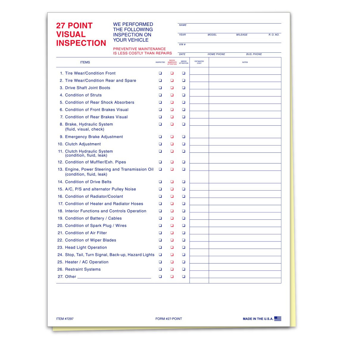 27 Point Inspection Sheet - 2 Part - Qty. 100