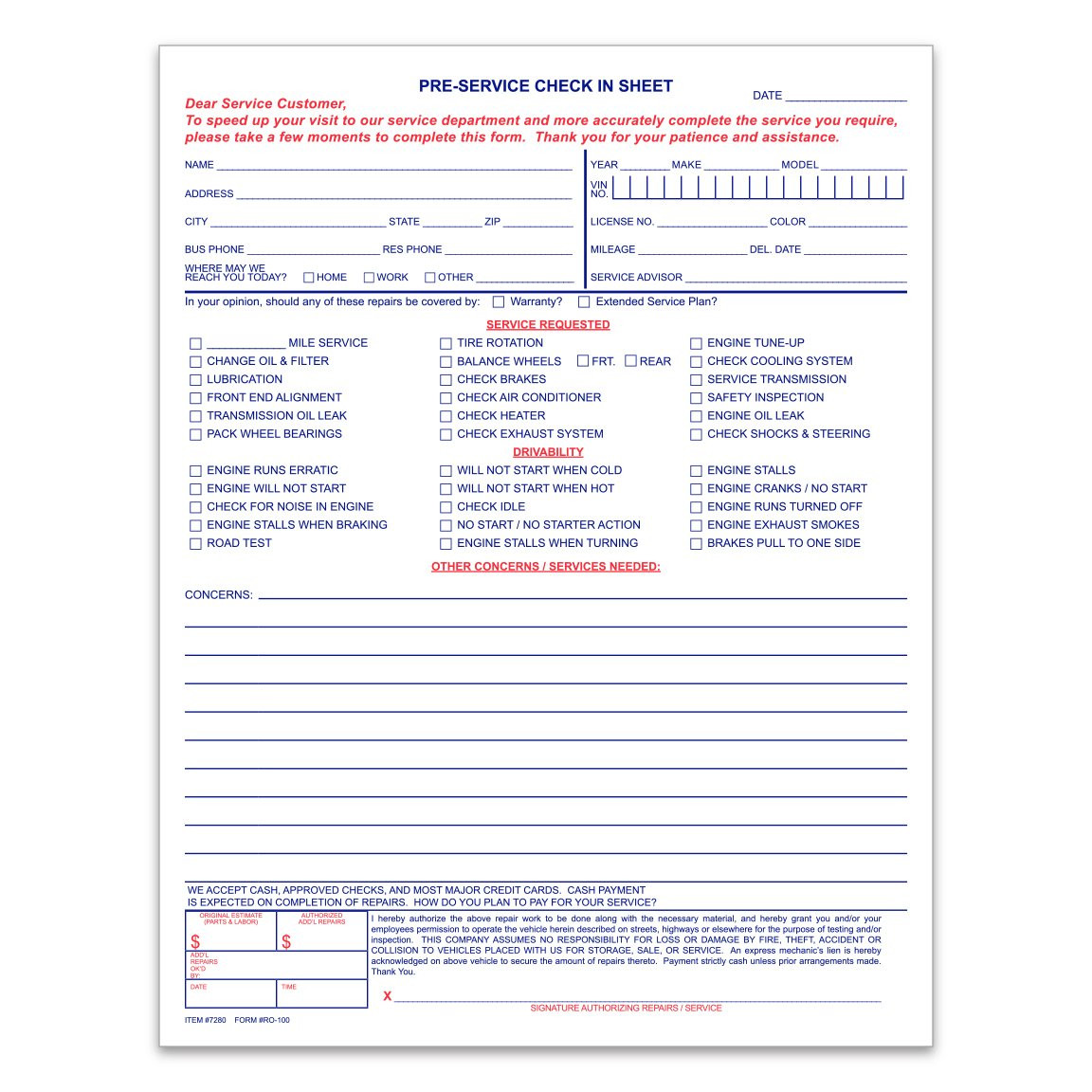 Pre-Service Check In Sheet