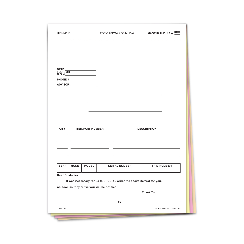 Special Parts Order Form - Qty. 100