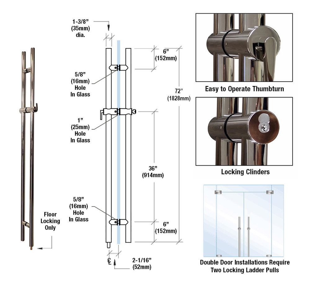 Back-to-Back 72" Locking Ladder Pull Handle Polished Finish
