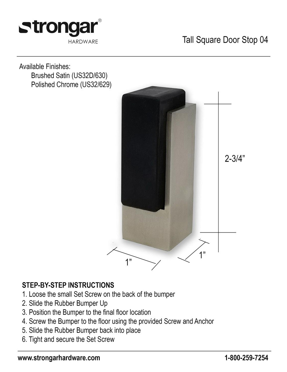 Tall Square Door Stop, Polished Chrome Stainless Steel