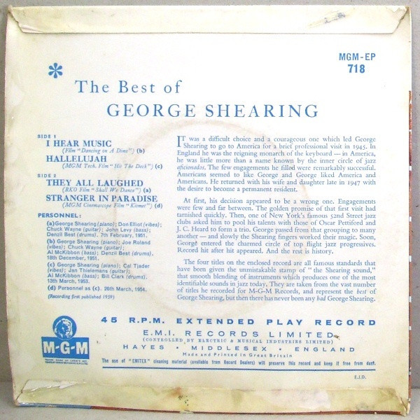 George Shearing - The Best Of George Shearing (7") - BullTrax Records