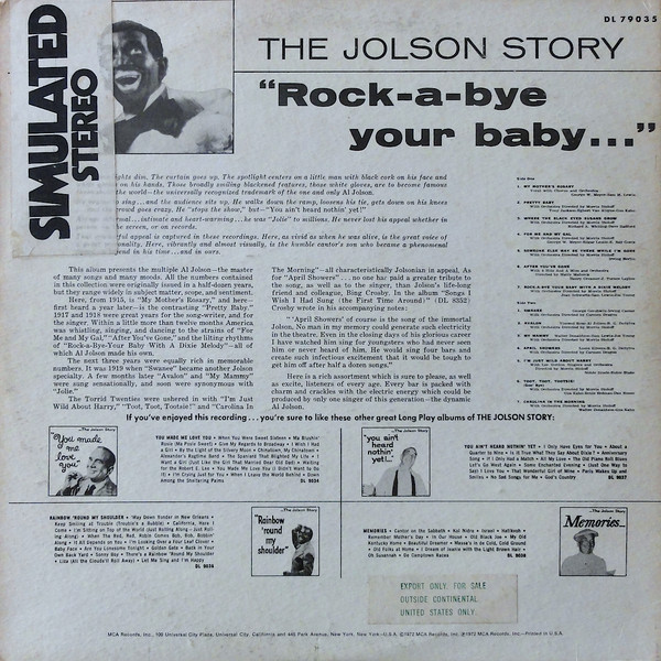 Al Jolson - The Jolson Story "Rock-A-Bye Your Baby..." - Decca - DL ...
