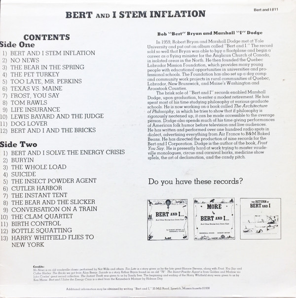Robert Bryan (2) and Marshall Dodge - Bert And I Stem Inflation - Bert ...