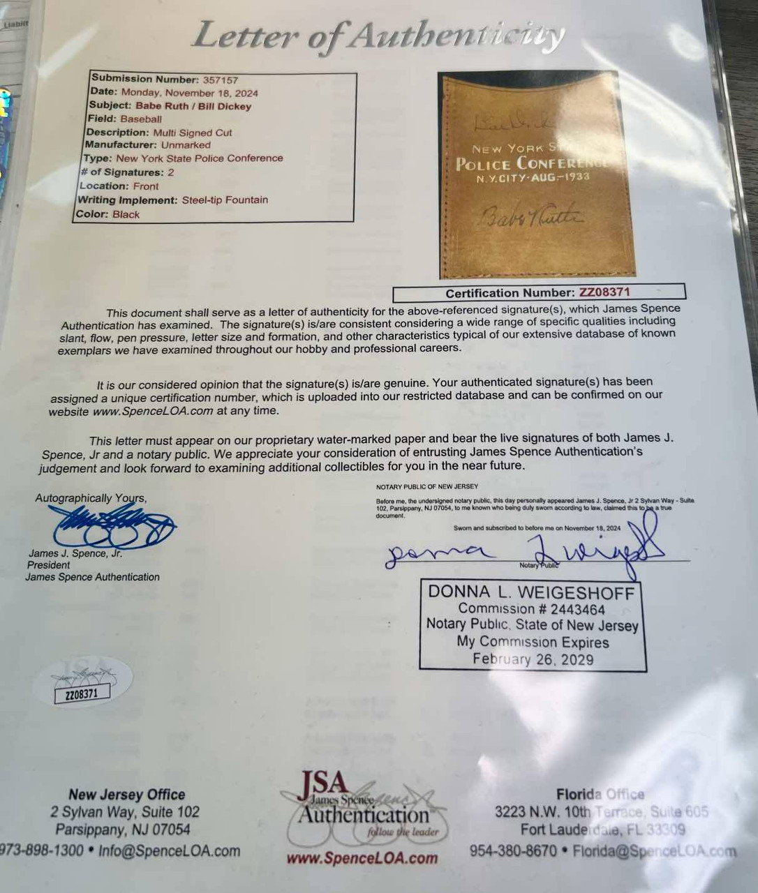 Babe Ruth original art with original Ruth signature (JSA)