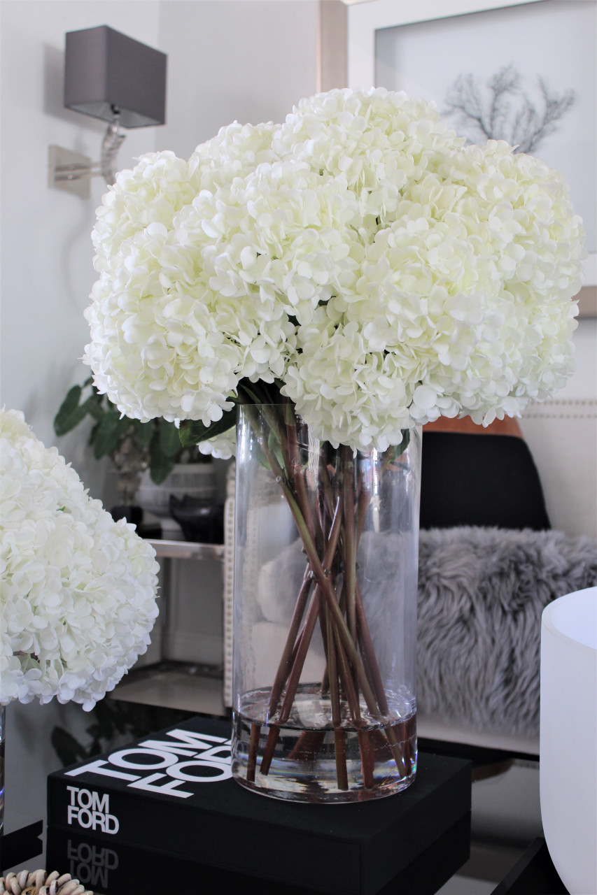 White Hydrangea Bouquet in clear tall glass cylinder vase - CFA Design ...