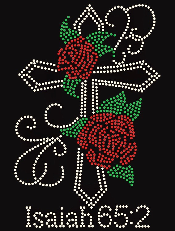 Cross with Roses flowers Isaiah 65:2 Religious Rhinestone Transfer ...