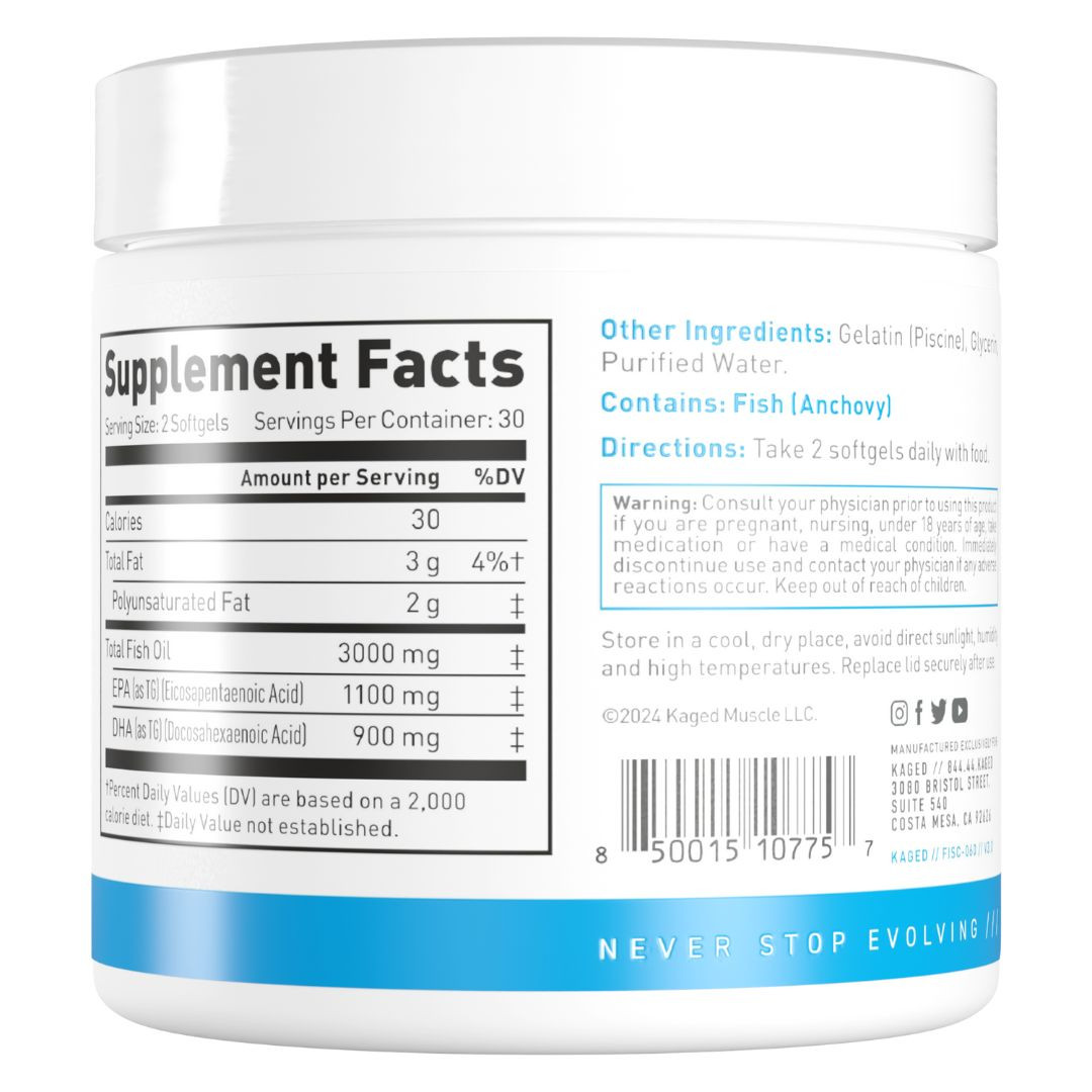 KAGED MUSCLE, Omega 3 Fish Oil Supplements; 3000 mg , Omega 3 60 Softgels