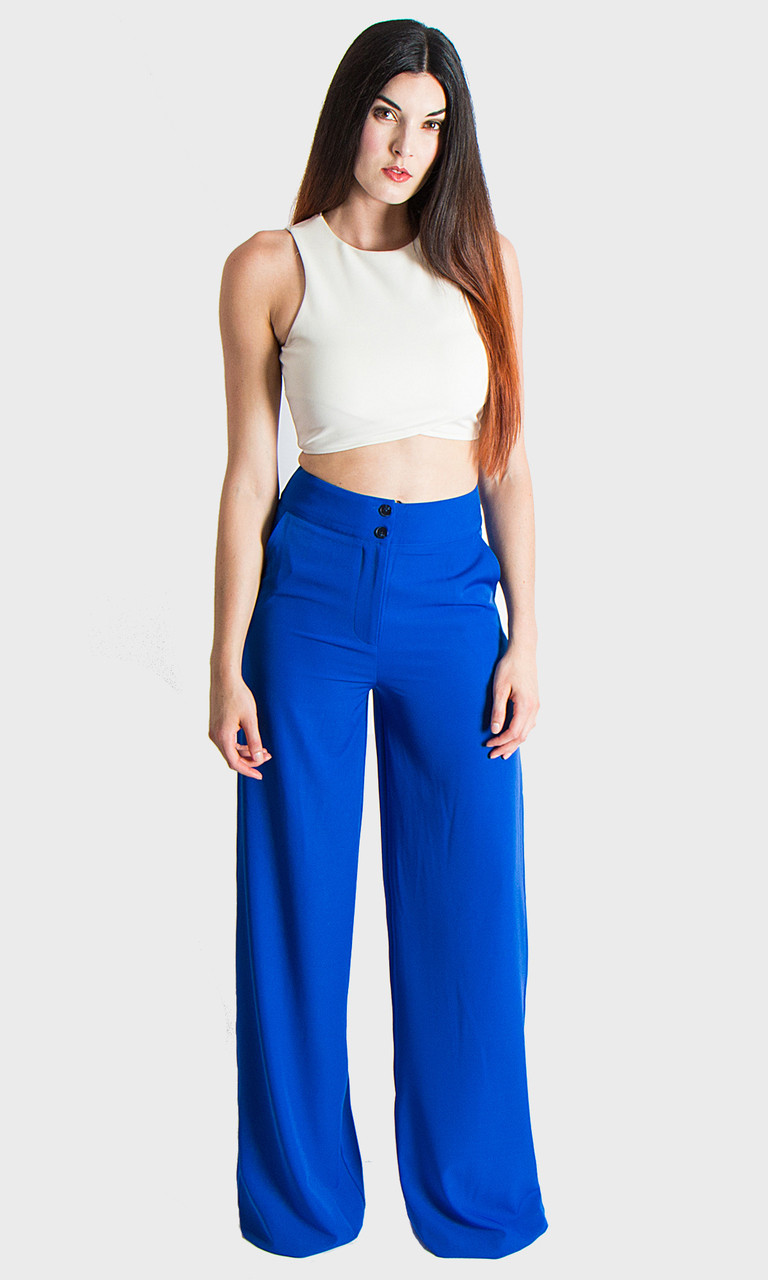 Tall Women's Blue Double Button Wide Leg Pants | Prissy Duck