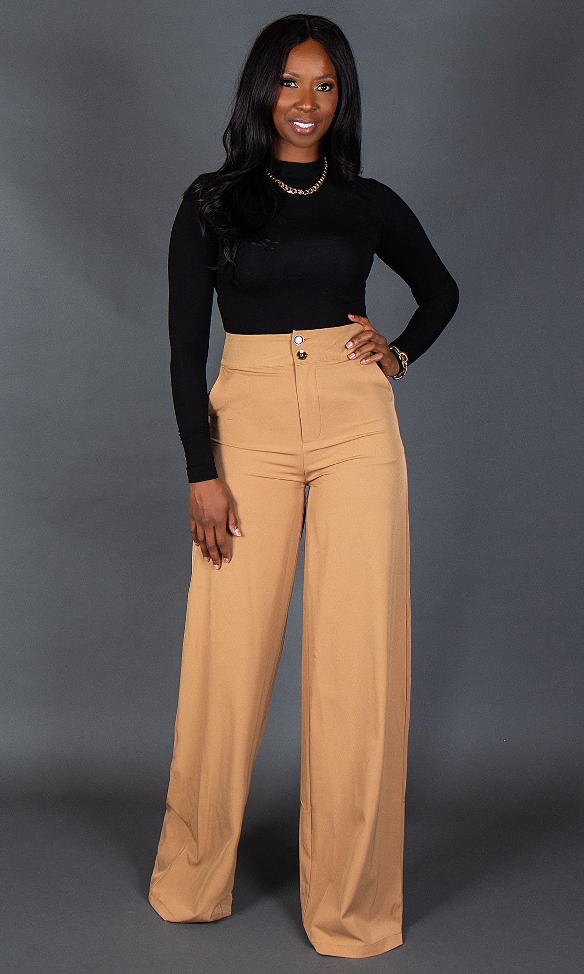 Tall Women's Tan Double Button Wide Leg Pants | Prissy Duck