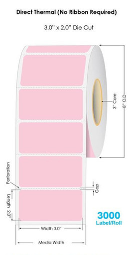 Pink Direct Thermal 3" x 2" Color Labels 3000/Roll - 3" Core | 8" OD
