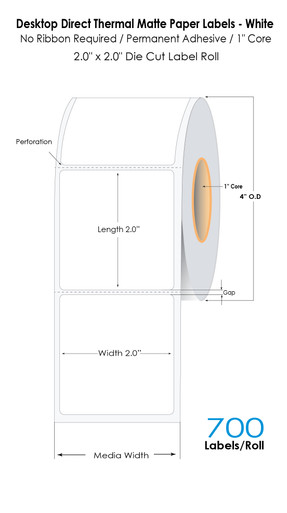Direct Thermal 2"x2" Paper Labels 700/Roll 1"Core/4"OD