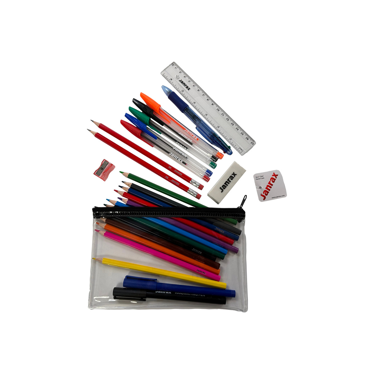 Pack of 12 Stationery Filled Black Zip 8x5 Pencil Cases with Colouring Pencils