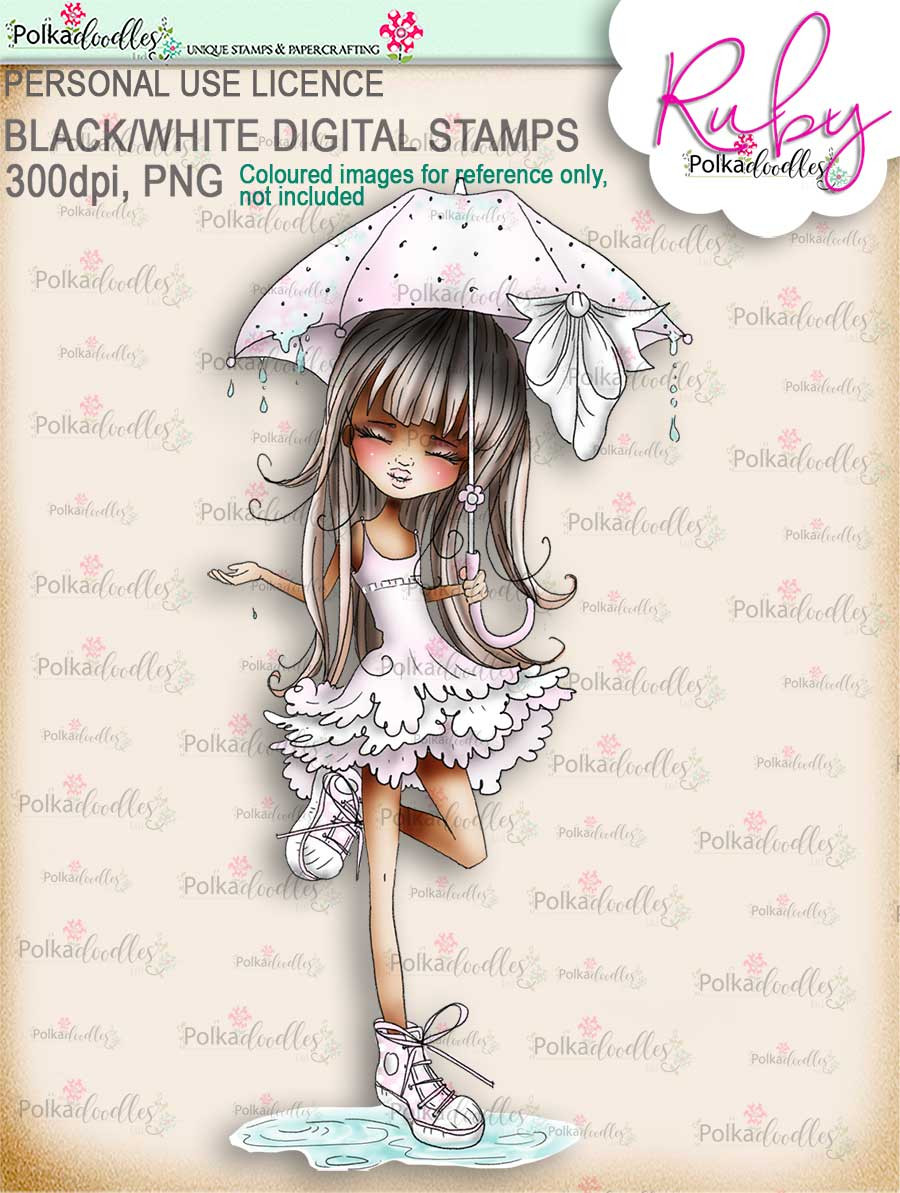 Ruby Raindrop Umbrella - precoloured digi stamp download - Polkadoodles ...