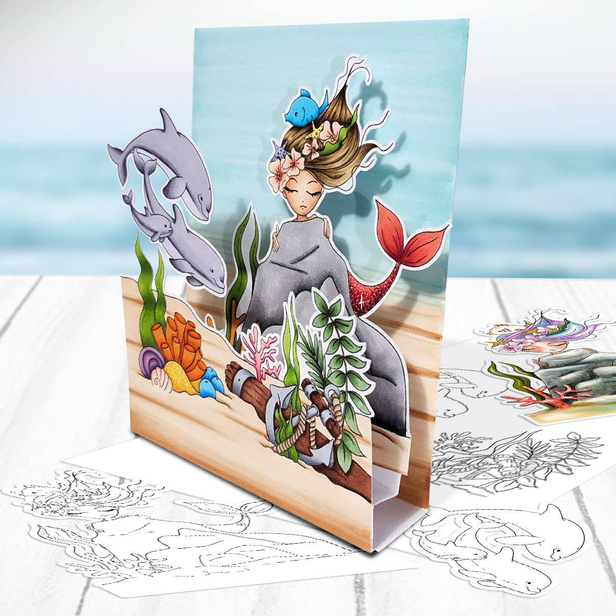 Coral Mermaid on the rocks - printable card making craft digital stamp ...