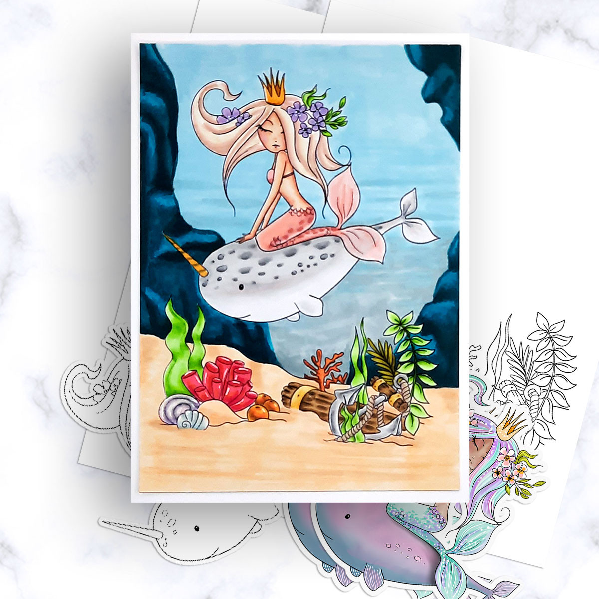 Coral Mermaid printable stamps card making crafts scrapbook