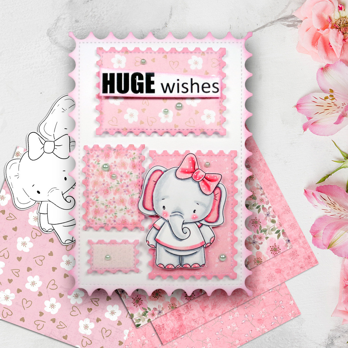 Birthday elephant printable digital stamp for card making, craft ...