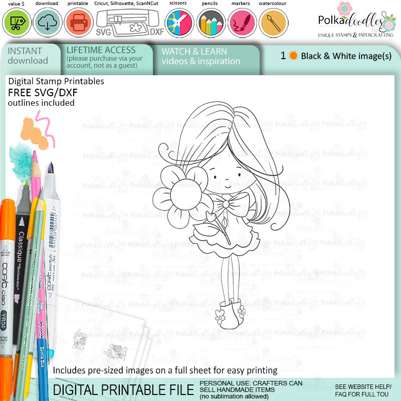 Picking Flowers Fairy Winnie Daisy printable digital stamp colouring ...