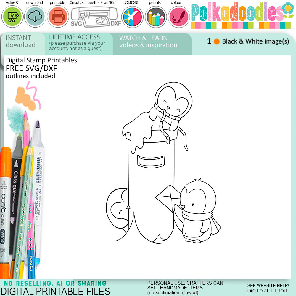 Hello Theo Penguin - BLACK/WHITE printable digital stamp, card making ...