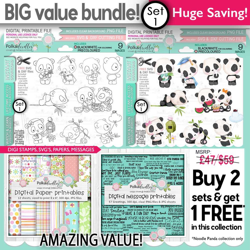 Set 1 - Noodle Panda bear cute printable digi stamp clipart with SVG ...