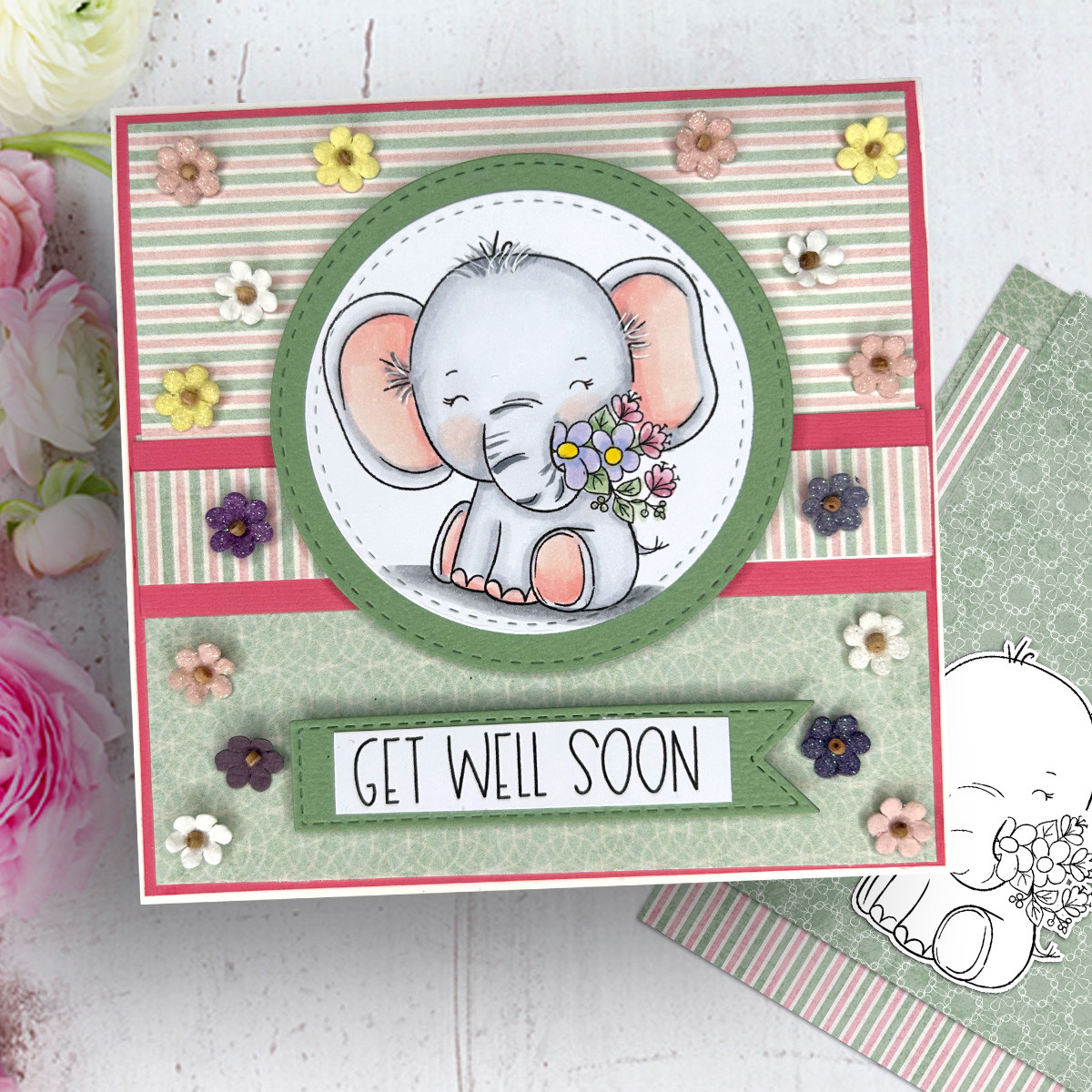 Flowers for you elephant printable digital stamp for card making, craft ...