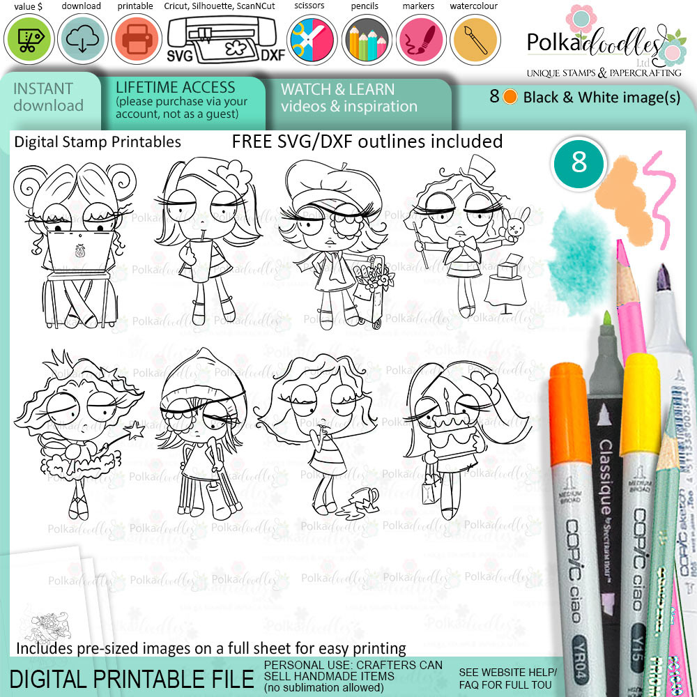 Wanda girl fun printable stamps card making crafts scrapbook